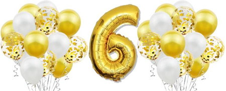 Zestaw ZŁOTE BALONY na 6 URODZINY białe konfetti | ZESTAWY DEKORACJI ...
